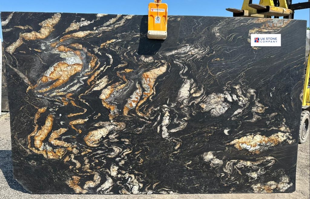 Cosmic Black / Titanium Gold Leather Granite 3cm Block No – 59128 – UK Stone Company